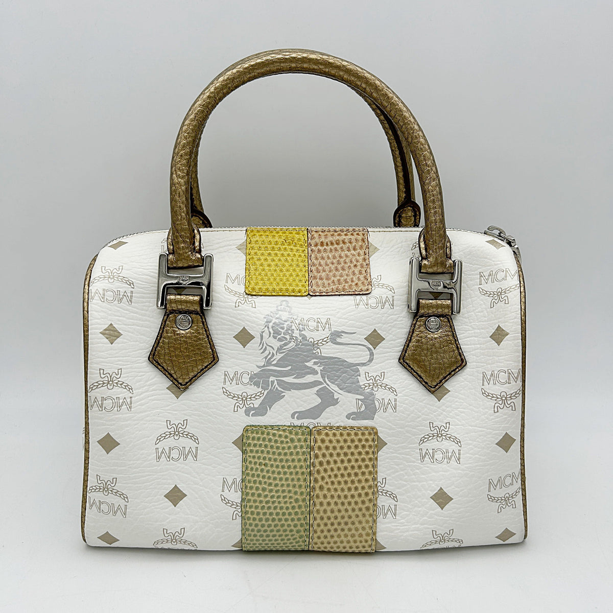MCM Bags Mcm White And Brown Satchel With Signature Monogram LA20859 ...