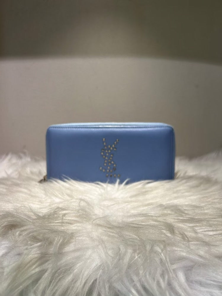 Pre-loved YSL Arty Blue Leather Wallet with Rhinestone YSL Logo | ShopShops
